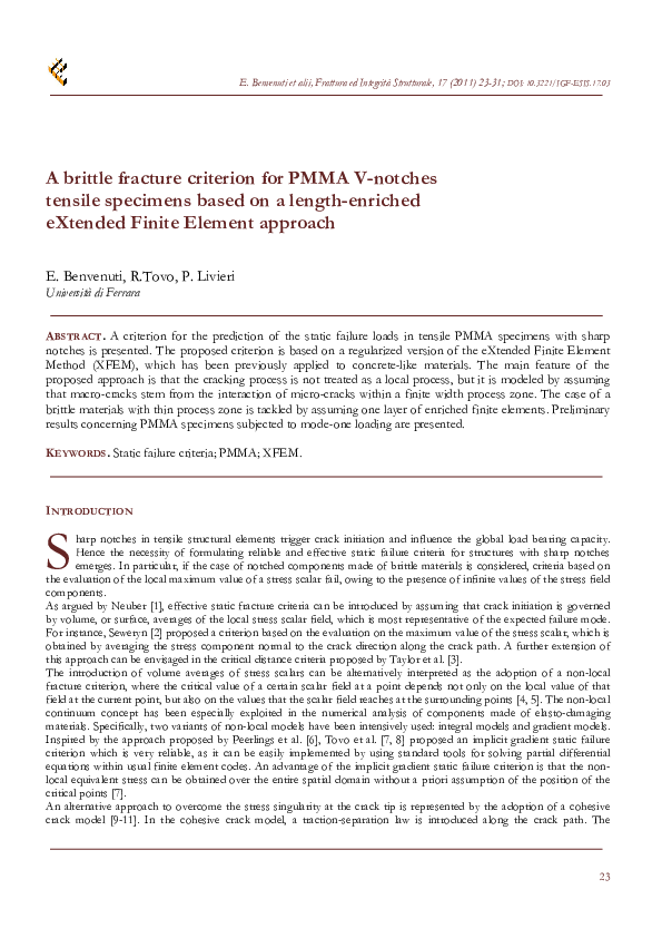 (PDF) A brittle fracture criterion for PMMA V-notches tensile specimens based on a length ...