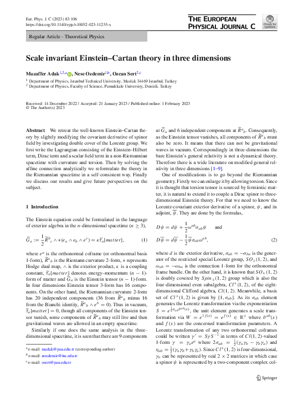 (PDF) Scale invariant Einstein–Cartan theory in three dimensions