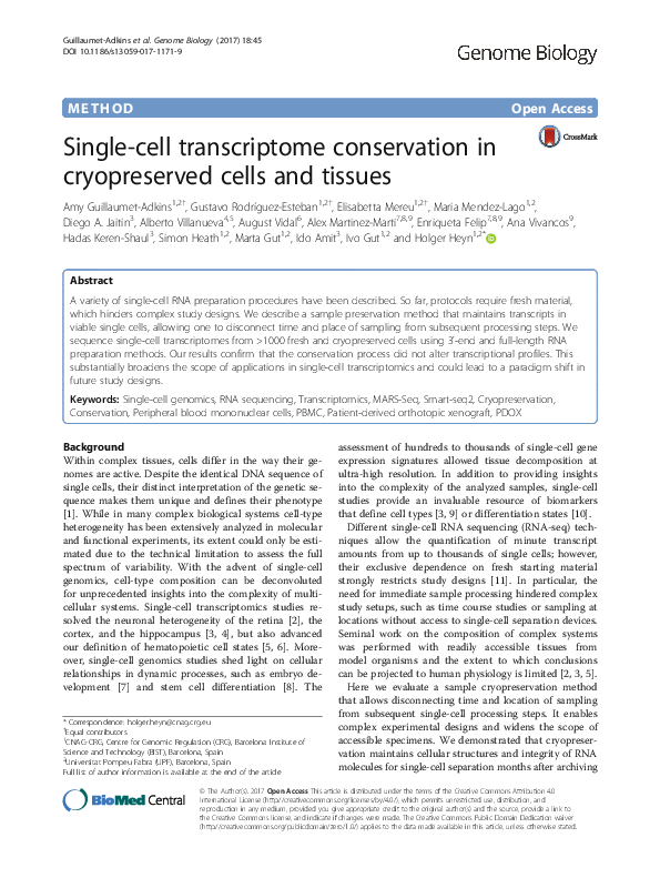 Pdf Single Cell Transcriptome Conservation In Cryopreserved Cells And