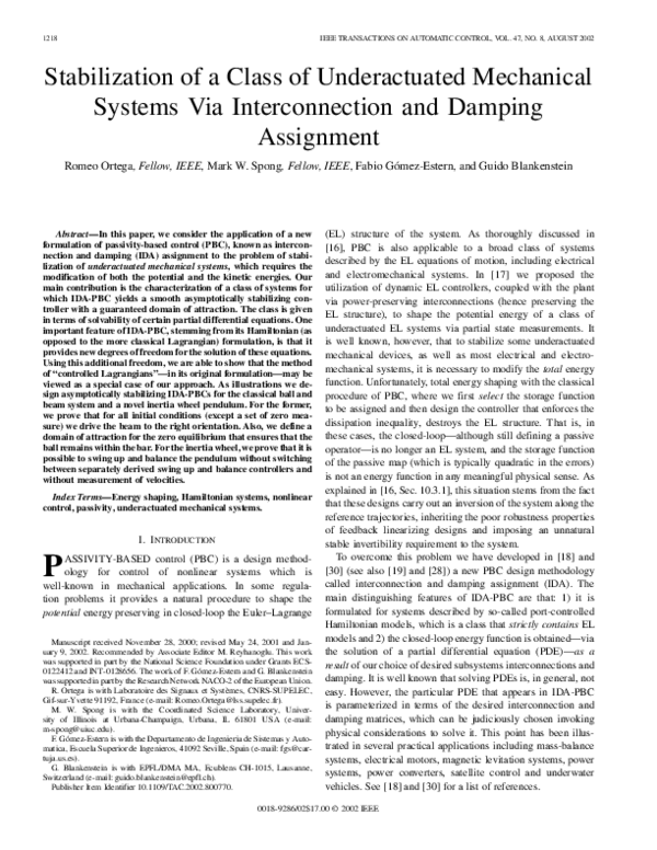 (PDF) Stabilization of a class of underactuated mechanical systems via interconnection and ...