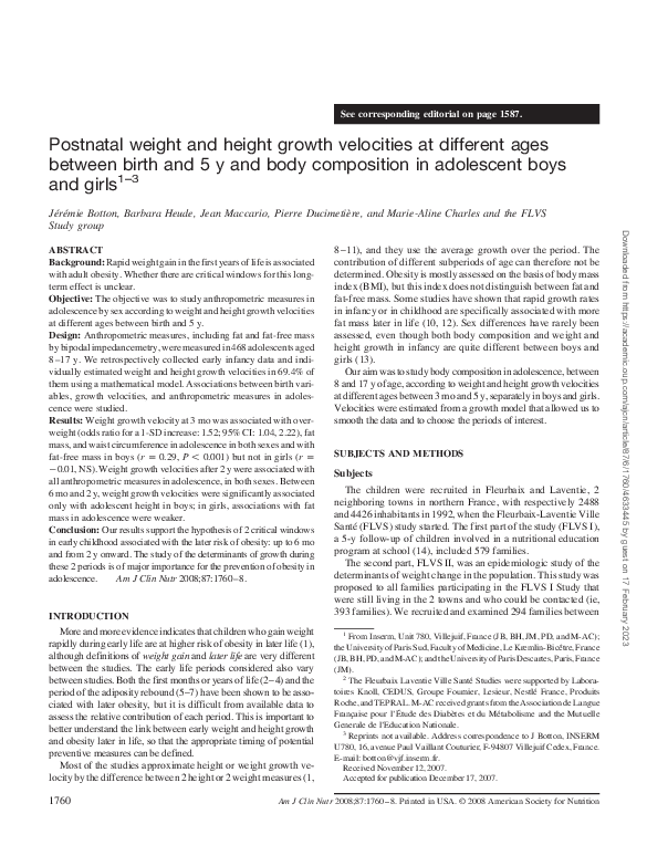 (PDF) Postnatal weight and height growth velocities at different ages ...