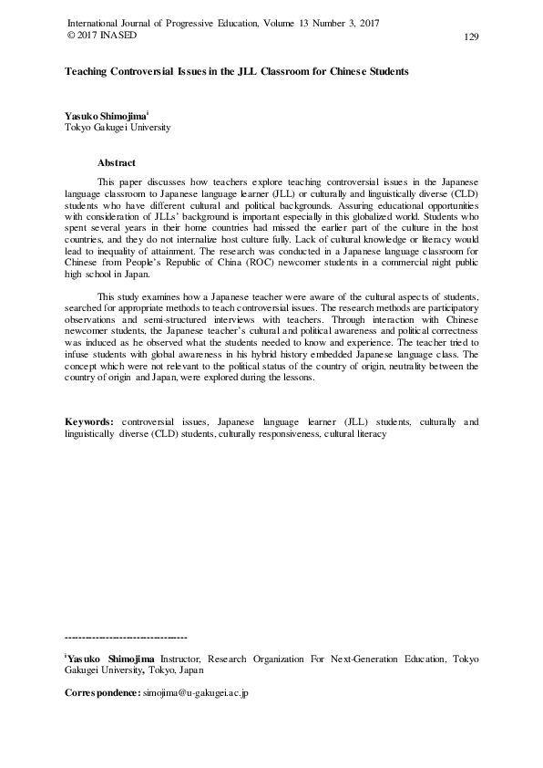 (PDF) Teaching Controversial Issues in the JLL Classroom for Chinese ...