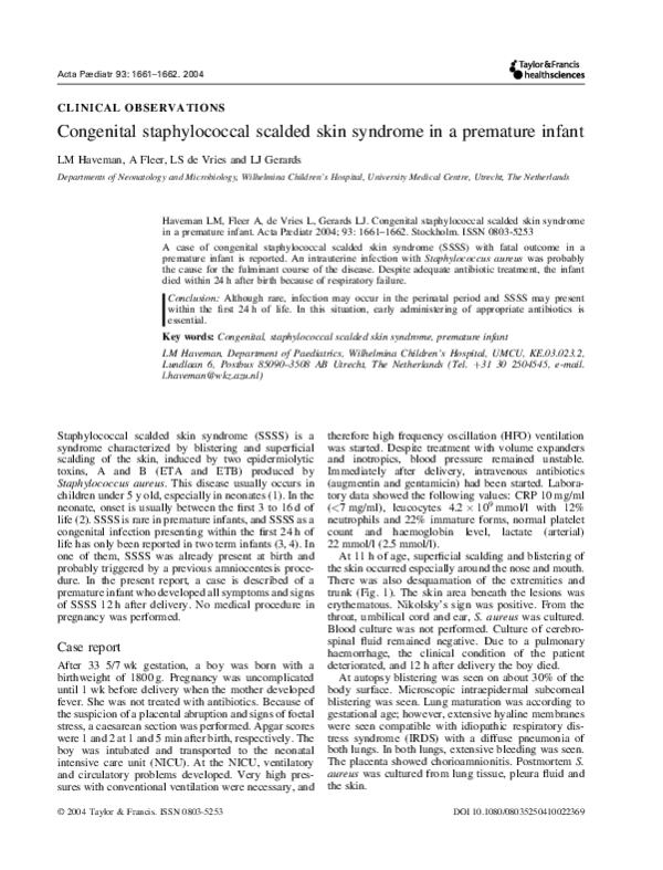 (PDF) Congenital staphylococcal scalded skin syndrome in a premature infant