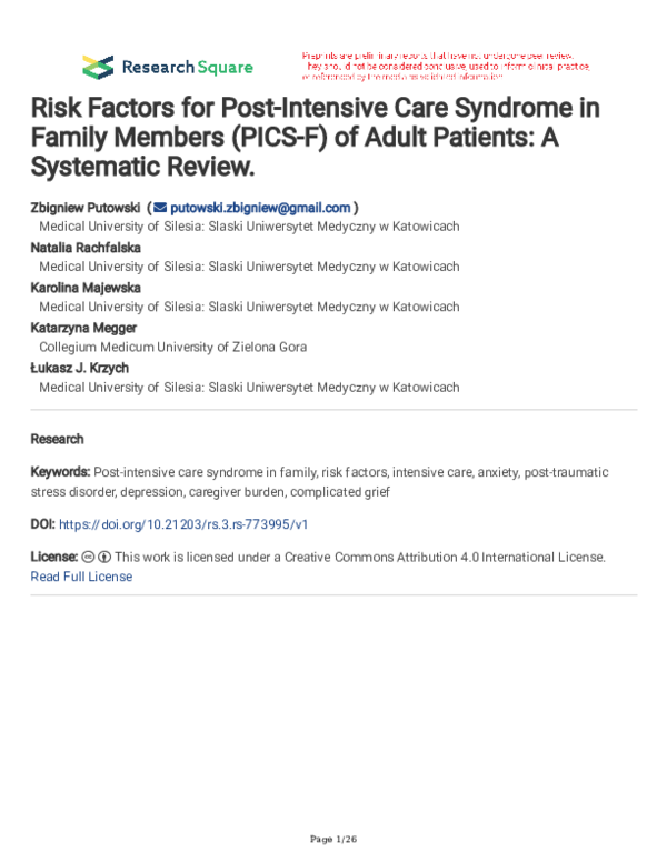 (PDF) Risk Factors for Post-Intensive Care Syndrome in Family Members (PICS-F) of Adult Patients ...