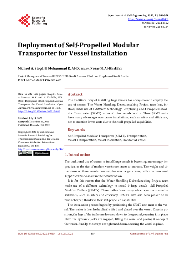 (PDF) Deployment of Self-Propelled Modular Transporter for Vessel Installation