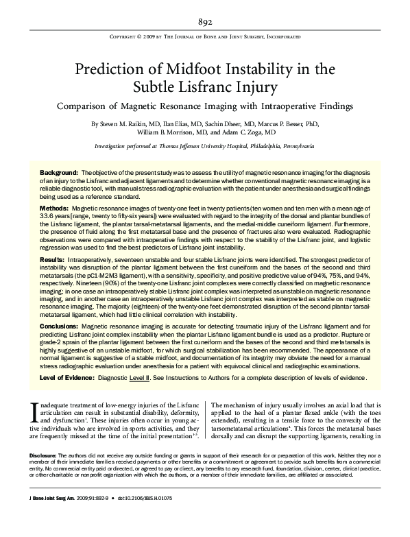 (PDF) Prediction of Midfoot Instability in the Subtle Lisfranc Injury