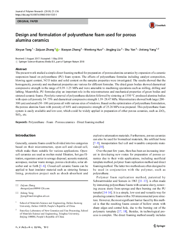 (PDF) Design and formulation of polyurethane foam used for porous alumina ceramics