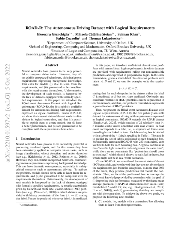 (PDF) ROAD-R: The Autonomous Driving Dataset with Logical Requirements