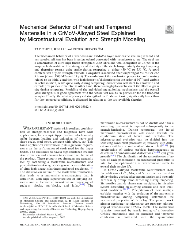 (PDF) Mechanical Behavior of Fresh and Tempered Martensite in a CrMoV-Alloyed Steel Explained by ...