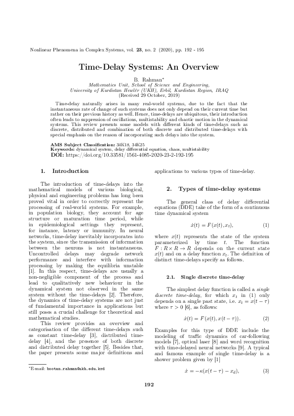 Pdf Time Delay Systems An Overview