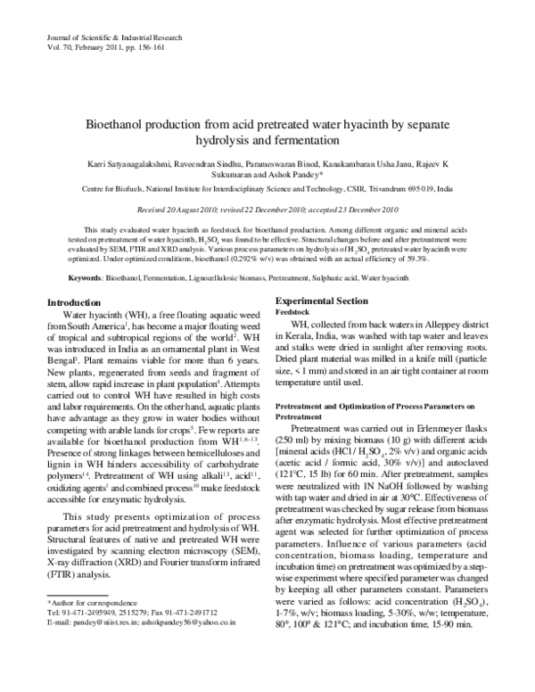 (PDF) Bioethanol production from acid pretreated water hyacinth by separate hydrolysis and ...