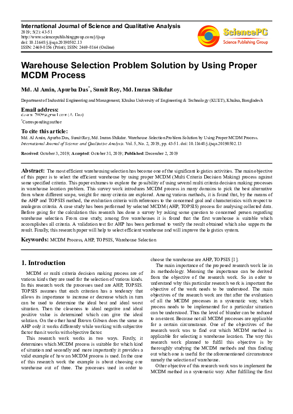 (PDF) Warehouse Selection Problem Solution by Using Proper MCDM Process