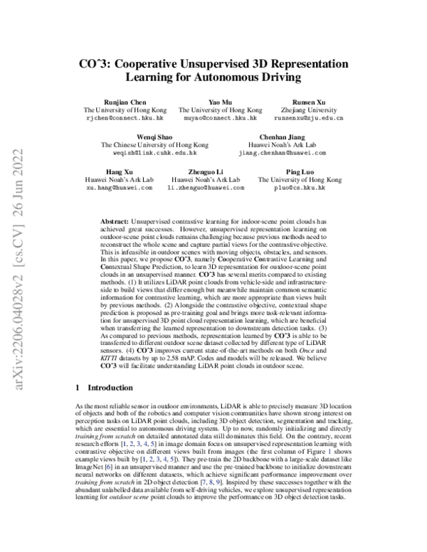 (PDF) CO^3: Cooperative Unsupervised 3D Representation Learning for Autonomous Driving