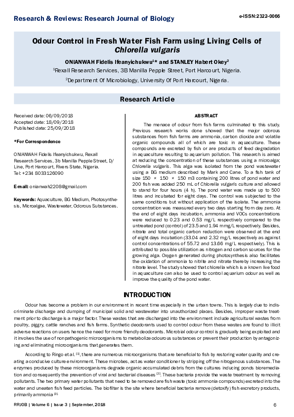 (PDF) Odour Control in Fresh Water Fish Farm using Living Cells of ...