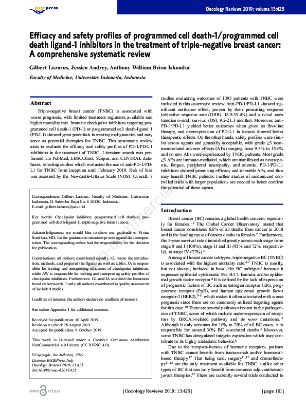 (PDF) Efficacy and safety profiles of programmed cell death-1/programmed cell death ligand-1 ...