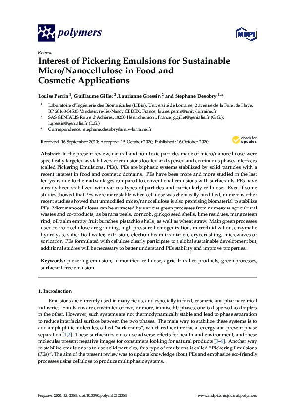 (PDF) Interest of Pickering Emulsions for Sustainable Micro/Nanocellulose in Food and Cosmetic ...