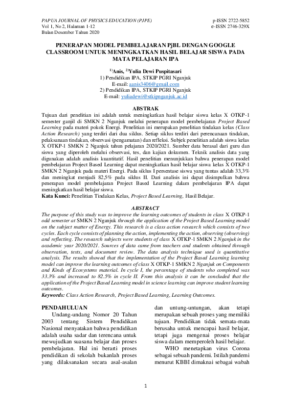 (PDF) PENERAPAN MODEL PEMBELAJARAN PjBL DENGAN GOOGLE CLASSROOM UNTUK MENINGKATKAN HASIL BELAJAR ...