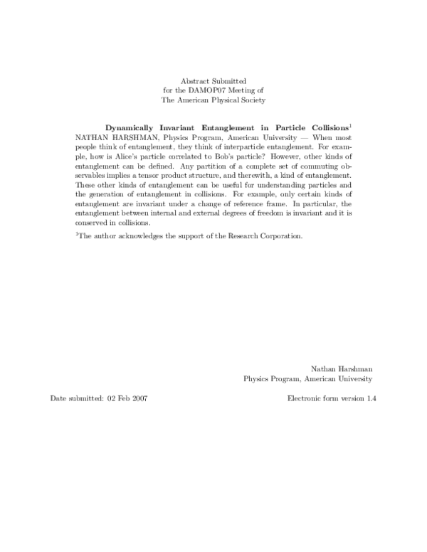 (PDF) Dynamically Invariant Entanglement in Particle Collisions
