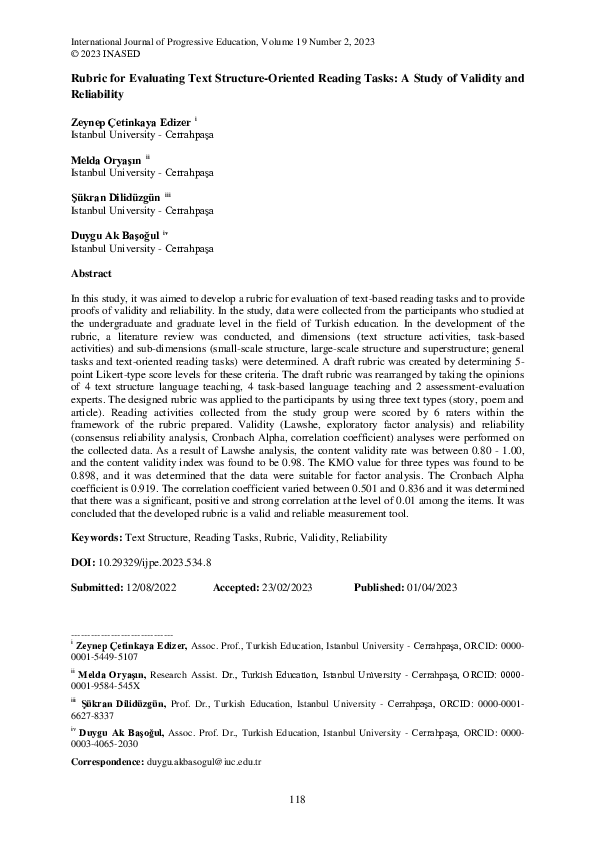 (PDF) Rubric for Evaluating Text Structure-Oriented Reading Tasks: A ...
