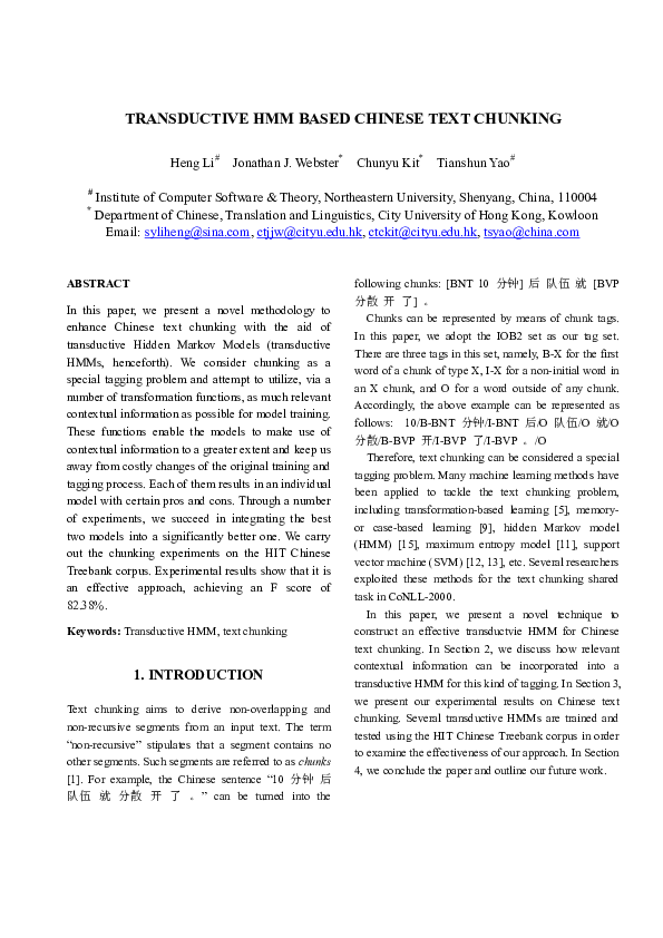 (PDF) Transductive HMM based Chinese text Chunking