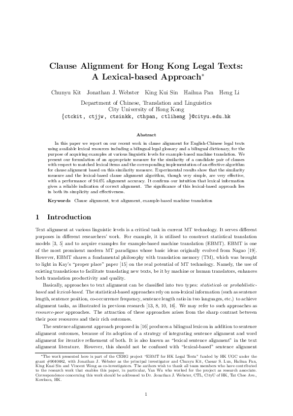 (PDF) Clause alignment for Hong Kong legal texts | Jonathan Webster ...
