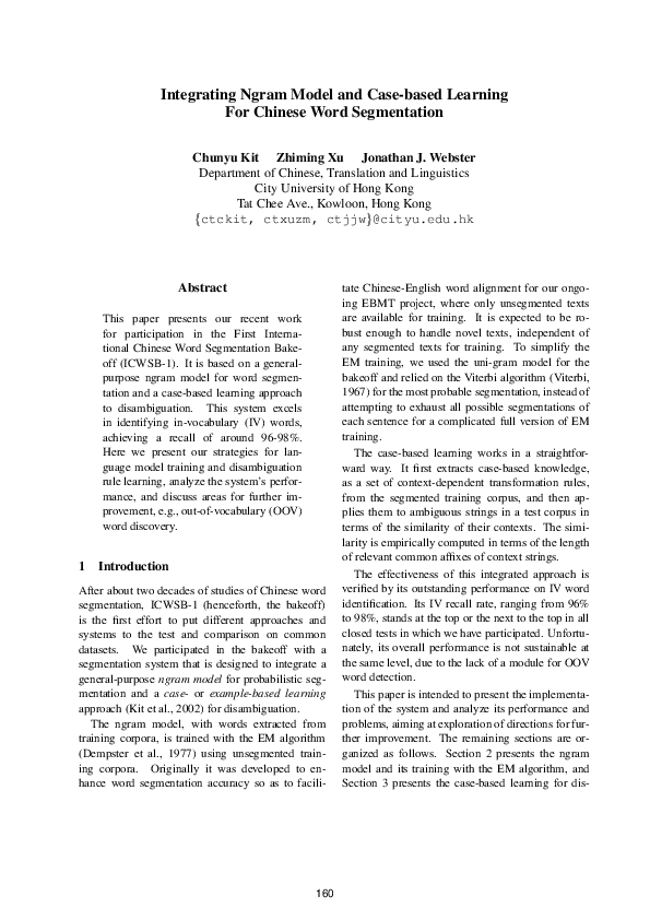 Pdf Integrating Ngram Model And Case Based Learning For Chinese Word Segmentation