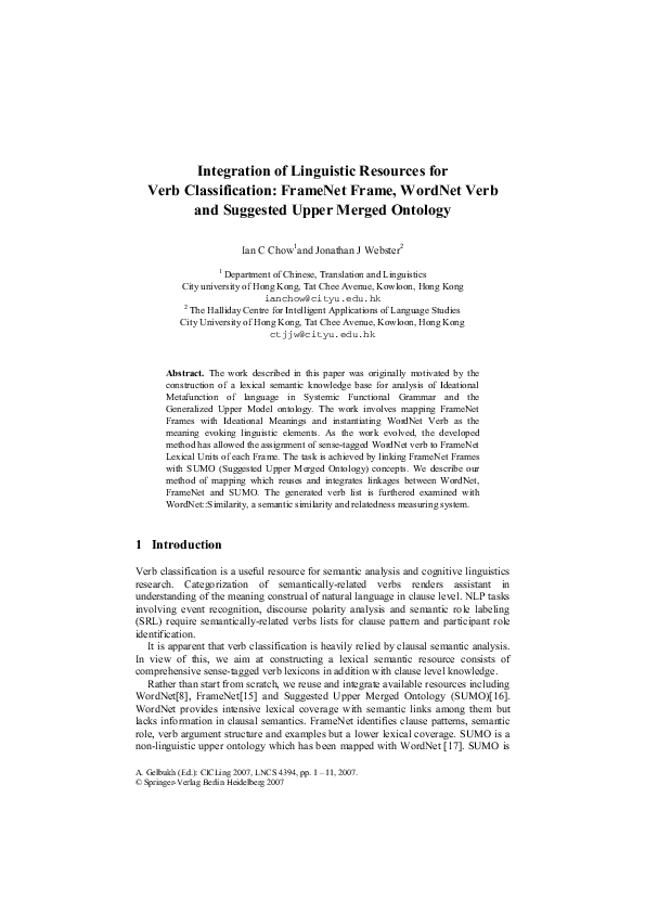 (PDF) Integration of Linguistic Resources for Verb Classification: FrameNet Frame, WordNet Verb ...