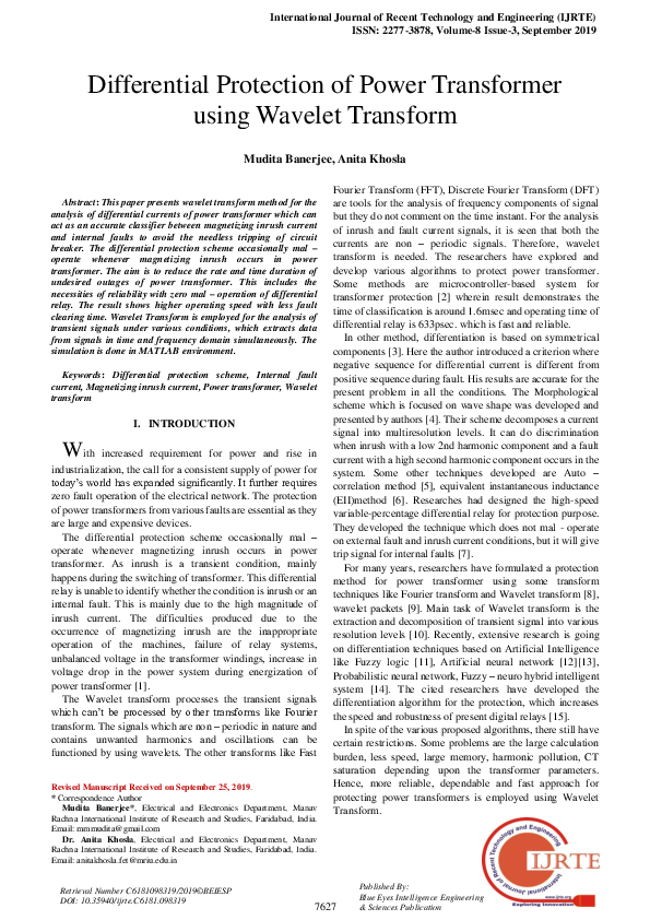 Pdf Differential Protection Of Power Transformer Using Wavelet Transform