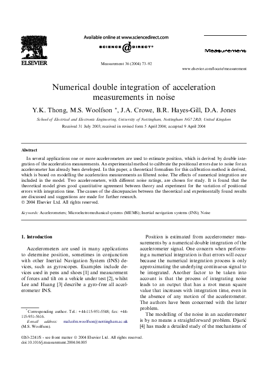 (PDF) Numerical double integration of acceleration measurements in noise