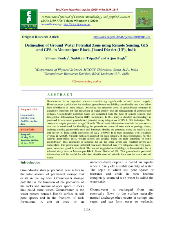 Pdf Delineation Of Ground Water Potential Zone Using Remote Sensing Gis And Gps In