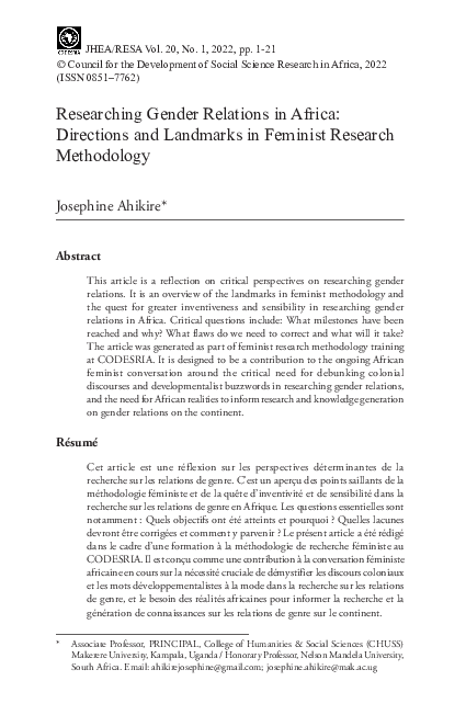 (PDF) Researching Gender Relations in Africa: Directions and Landmarks in Feminist Research ...