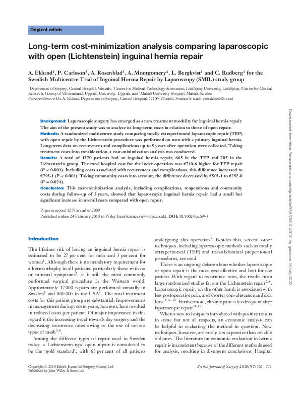 (PDF) Long-term cost-minimization analysis comparing laparoscopic with open (Lichtenstein ...