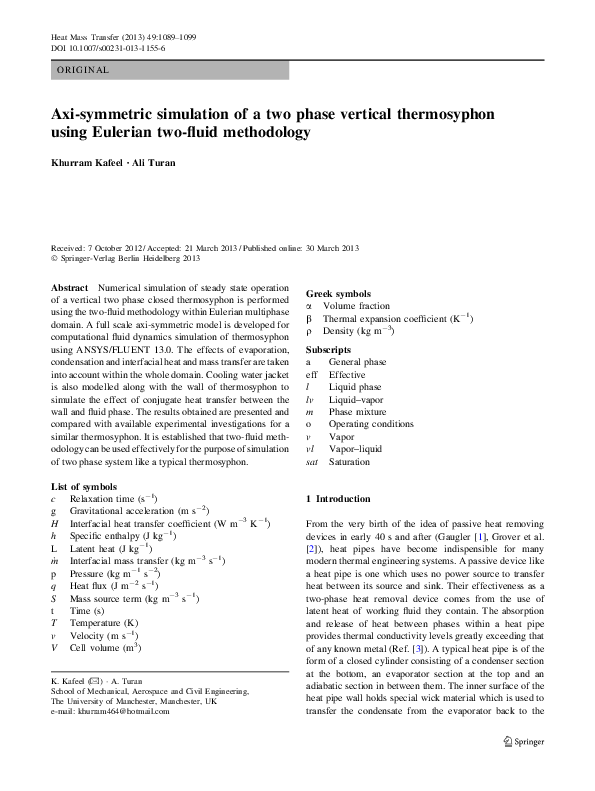 Pdf Axi Symmetric Simulation Of A Two Phase Vertical Thermosyphon Using Eulerian Two Fluid