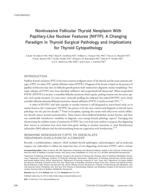 (PDF) Noninvasive follicular thyroid neoplasm with papillary-like nuclear features (NIFTP): A ...
