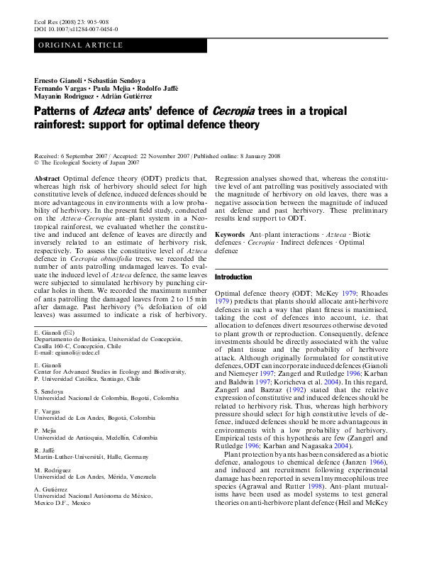 (PDF) Patterns of Azteca ants’ defence of Cecropia trees in a tropical ...