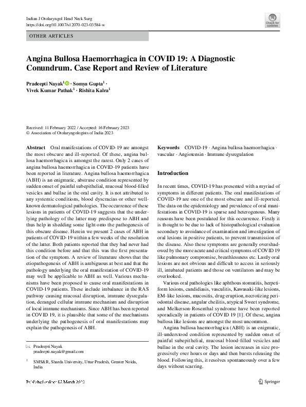 (PDF) Angina Bullosa Haemorrhagica in COVID 19: A Diagnostic Conundrum ...