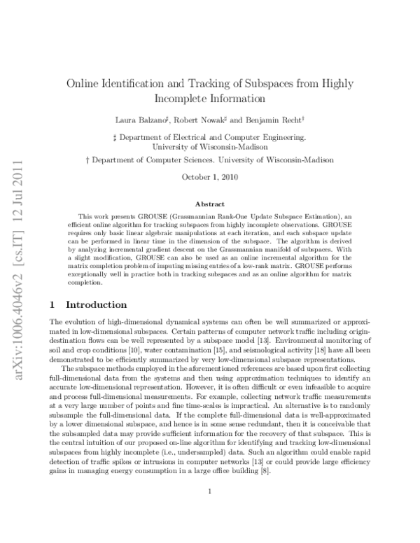 (PDF) Online identification and tracking of subspaces from highly incomplete information