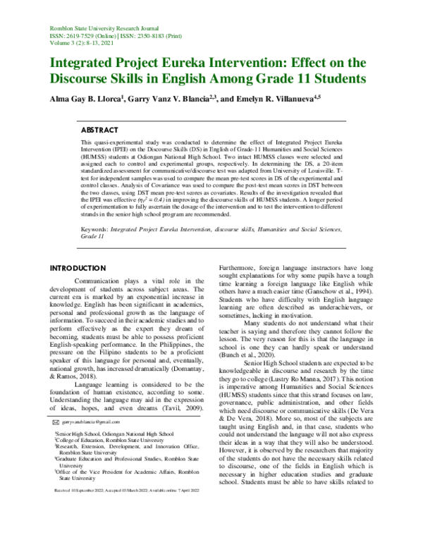 (PDF) Integrated Project Eureka Intervention: Effect on the Discourse Skills in English Among ...