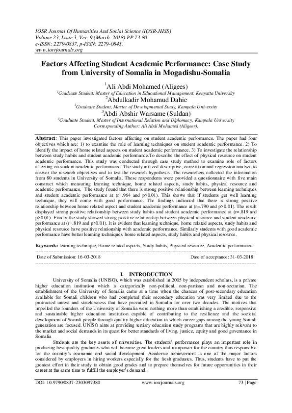 (PDF) Factors Affecting Student Academic Performance: Case Study from University of Somalia in ...