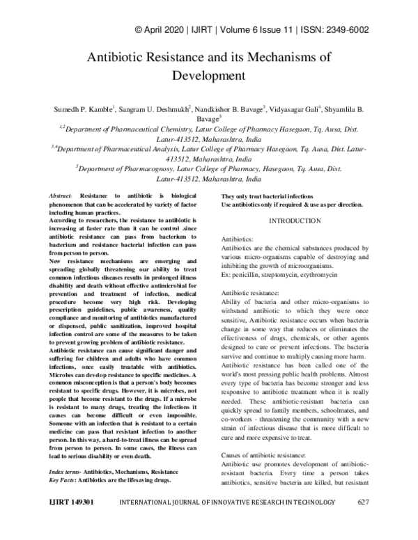 (PDF) Antibiotic Resistance and Its Mechanisms of Development