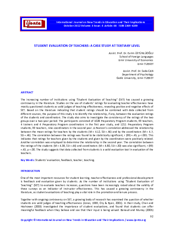 (PDF) student Evaluation of Teachers: A Case Study at Tertiary Level