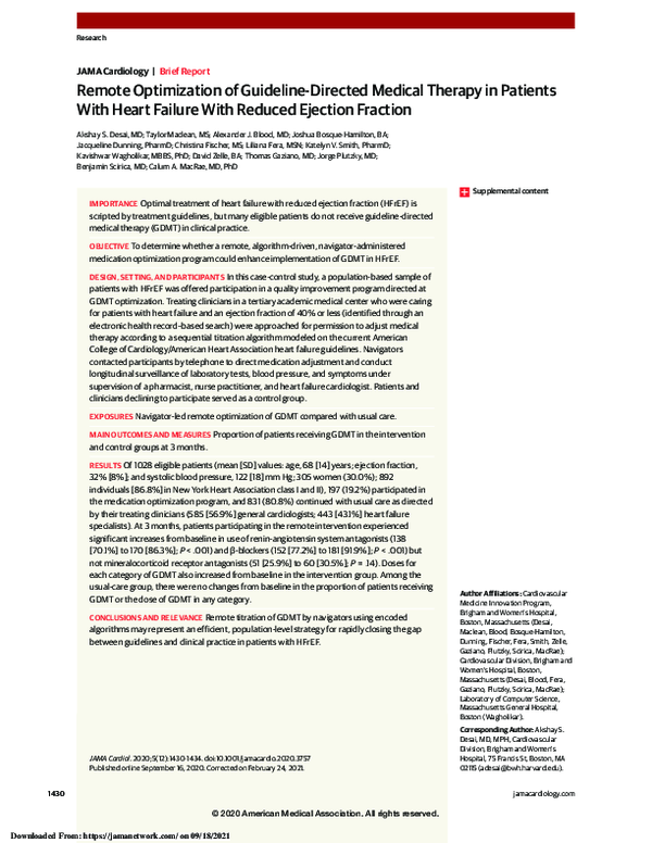 (PDF) Remote Optimization of Guideline-Directed Medical Therapy in Patients With Heart Failure ...