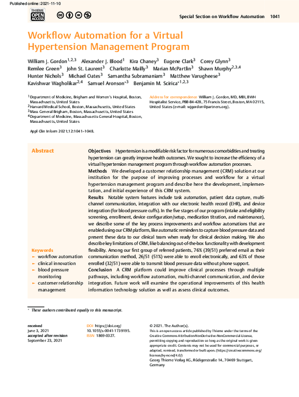 (PDF) Workflow Automation for a Virtual Hypertension Management Program
