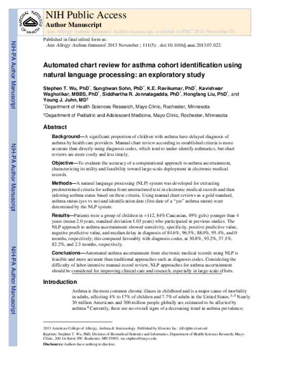 Pdf Automated Chart Review For Asthma Cohort Identification Using Natural Language Processing
