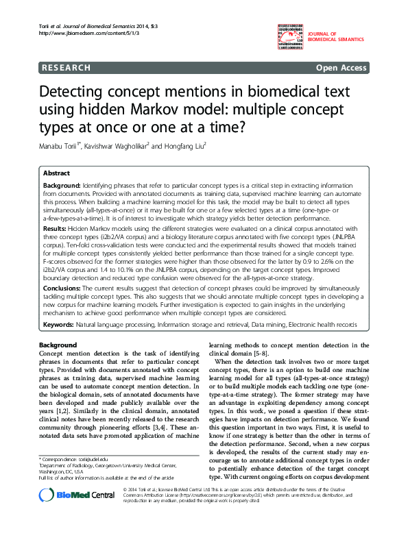 (PDF) Detecting concept mentions in biomedical text using hidden Markov model: multiple concept ...
