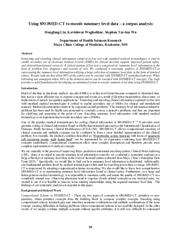 (PDF) Using SNOMED-CT to encode summary level data - a corpus analysis