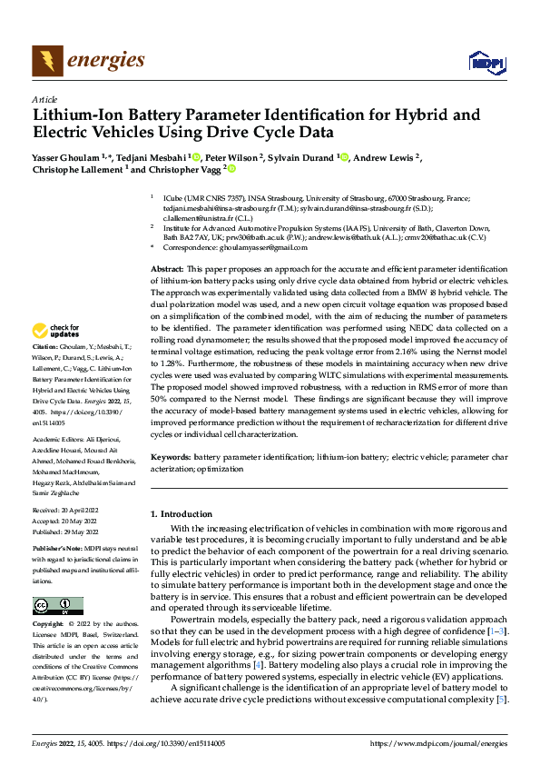 (PDF) Lithium-Ion Battery Parameter Identification for Hybrid and Electric Vehicles Using Drive ...