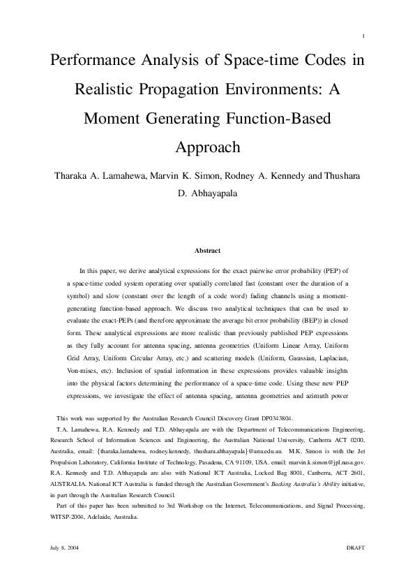 Pdf Performance Analysis Of Space Time Codes In Realistic Propagation Environments A Moment