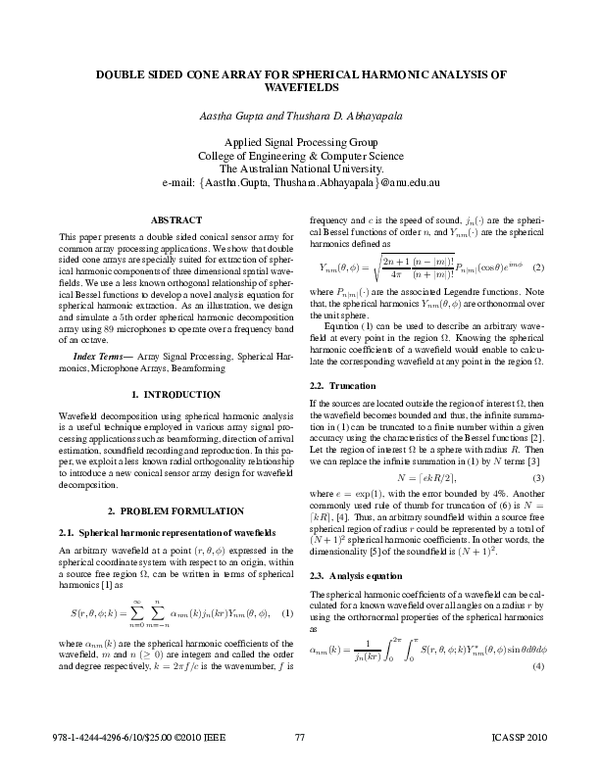 (PDF) Double sided cone array for spherical harmonic analysis of wavefields