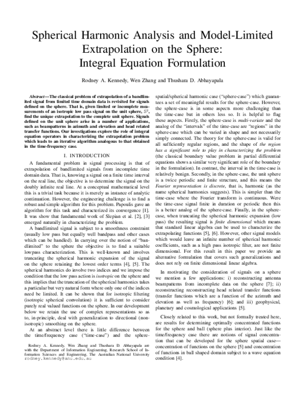 (PDF) Spherical harmonic analysis and model-limited extrapolation on the sphere: Integral ...